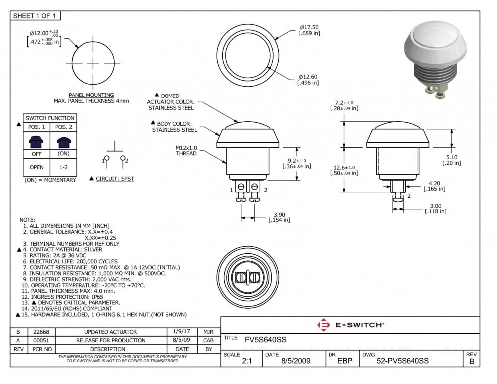 E-Switch PV5S640SS technical drawing