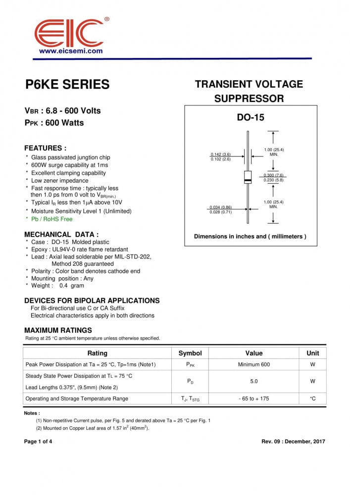 EIC P6KE series datasheet page 1