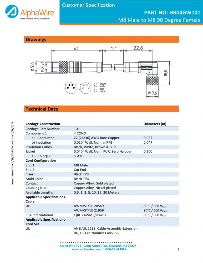 Alpha Wire HR04GW101 SL356 technical drawing and specifications