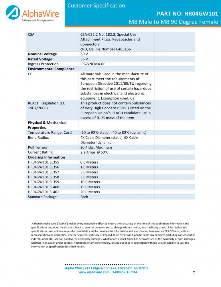 Alpha Wire HR04GW101 SL356 technical data and ordering information