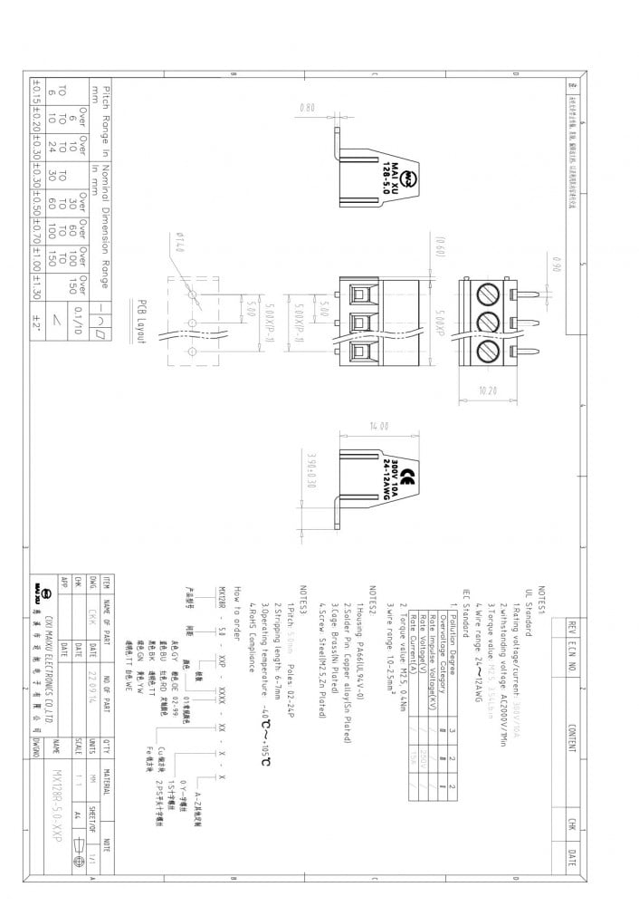 MX128R-5.0 terminal block technical drawing