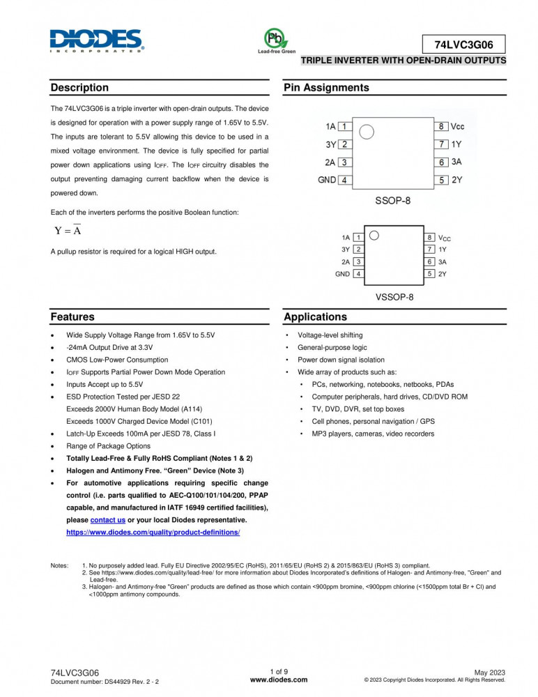 74LVC3G06V8-7 datasheet page 1