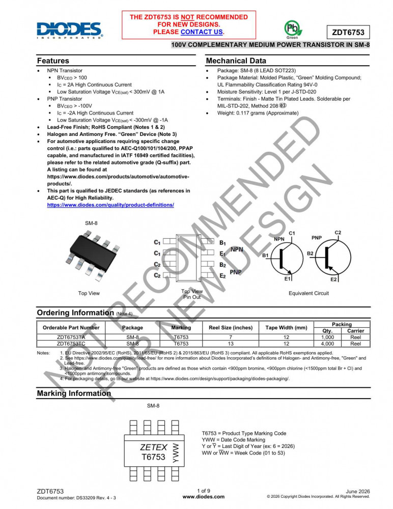 ZDT6753TA datasheet page 1
