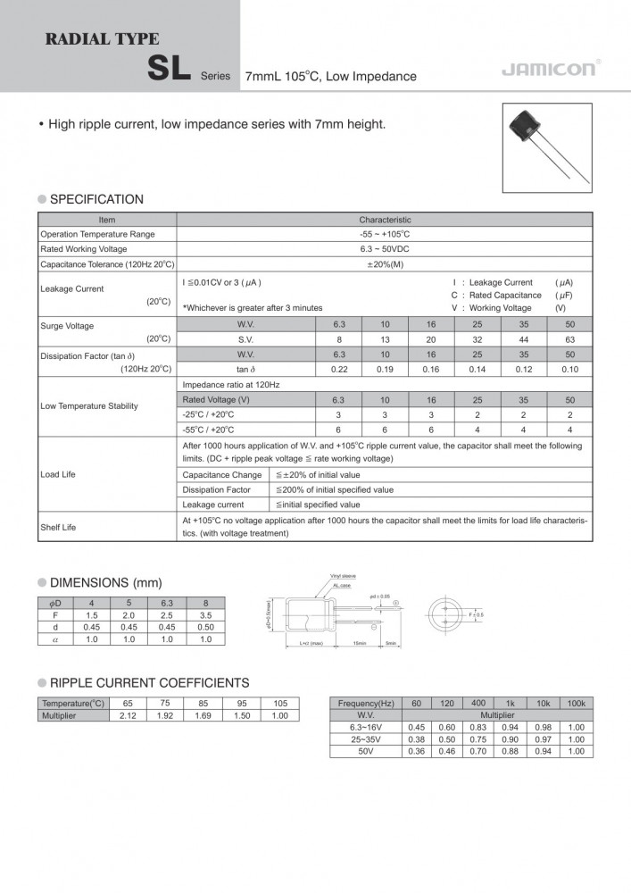 JAMICON SLR series technical specification page