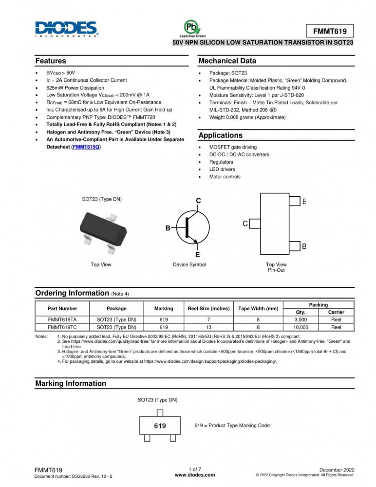 FMMT619TA datasheet page 1