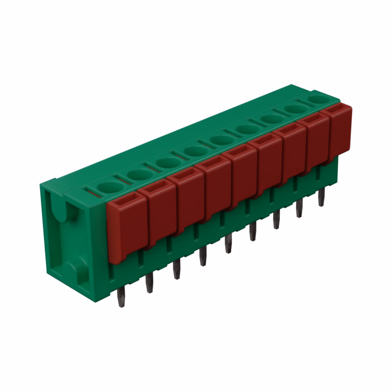 5.00mm Pitch, Eurostyle Fixed-Mount Push-Button Terminal Block, Vertical, 10A, 22-14 AWG, Green, 9 Circuits for sale