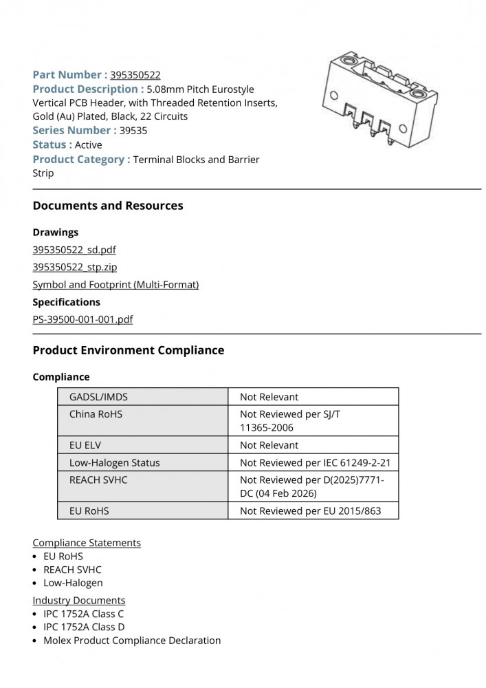Molex ESE Eurostyle terminal block product specification, page 1