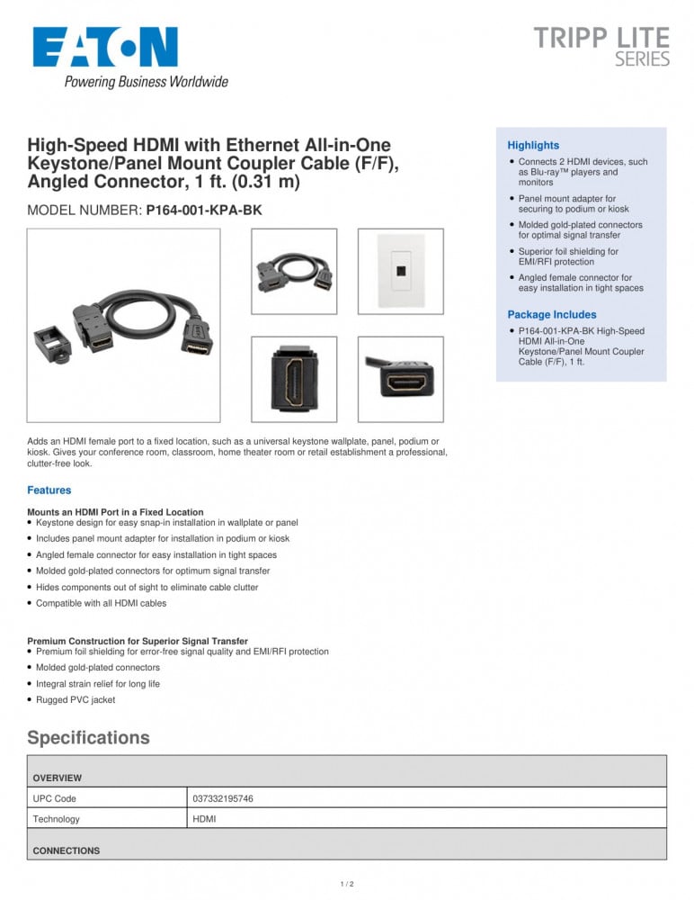 EATON P164-001-KPA-BK technical document page 1