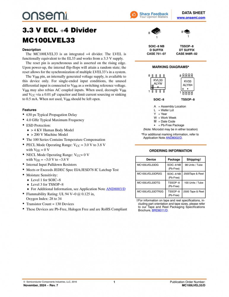 MC100LVEL33 datasheet page 1