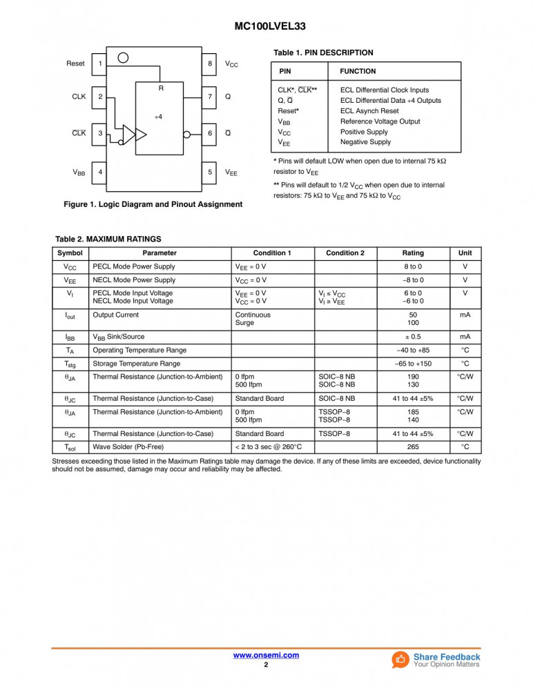 MC100LVEL33 datasheet page 2