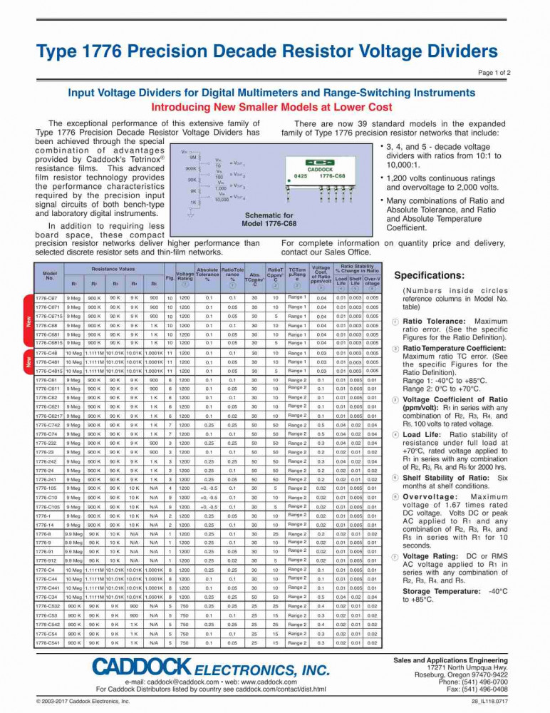 Caddock 1776 precision decade resistor voltage divider datasheet page 1