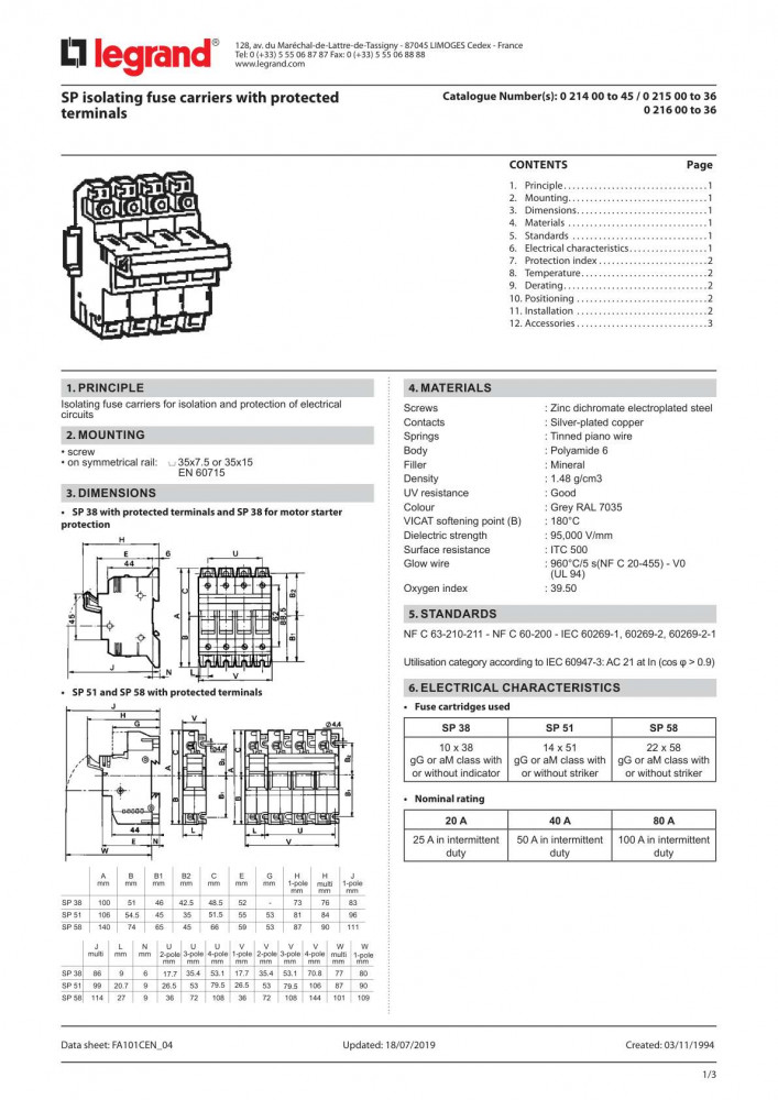 Legrand SP isolating fuse carriers technical document, page 1