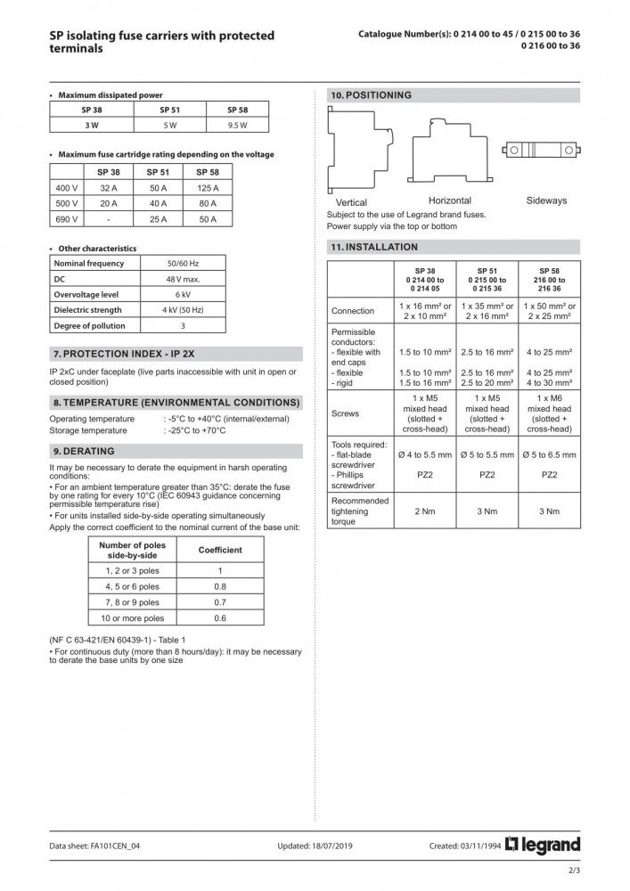 Legrand SP isolating fuse carriers technical document, page 2