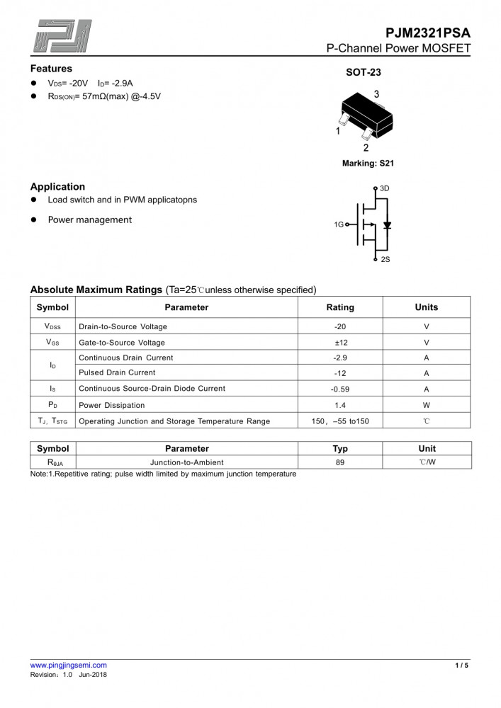 PJM2321PSA datasheet page 1