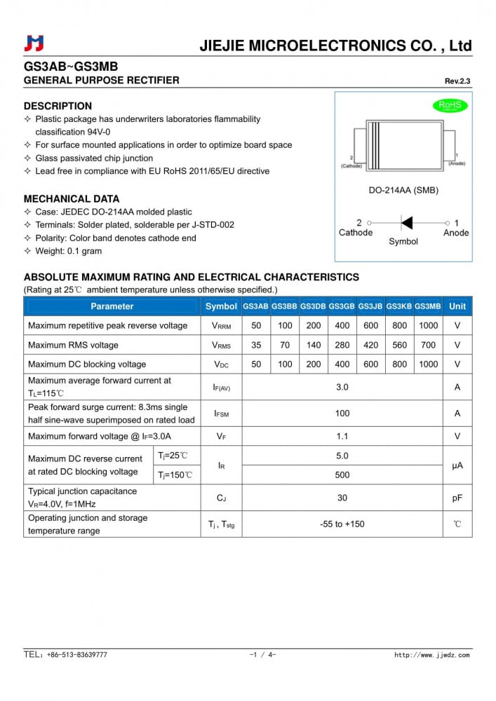GS3MBAU datasheet page 1