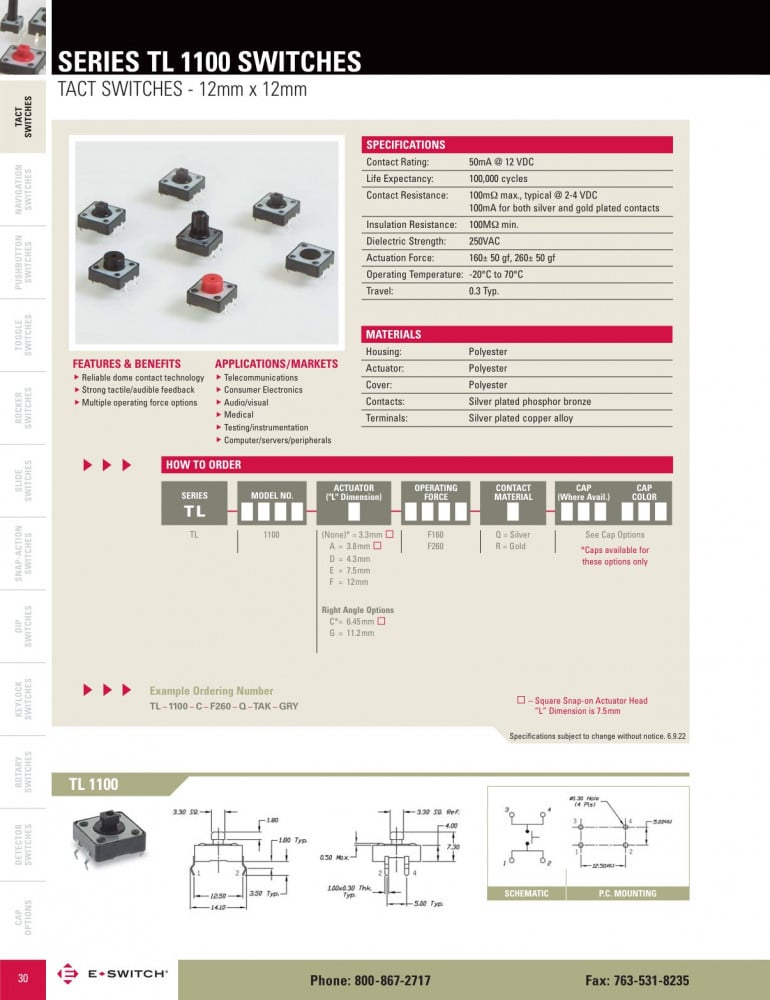 E-Switch TL1100 technical document page 1