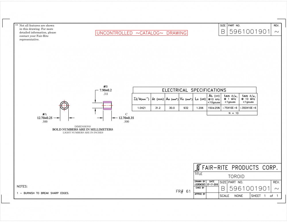 Fair-Rite 5961001901 technical document preview