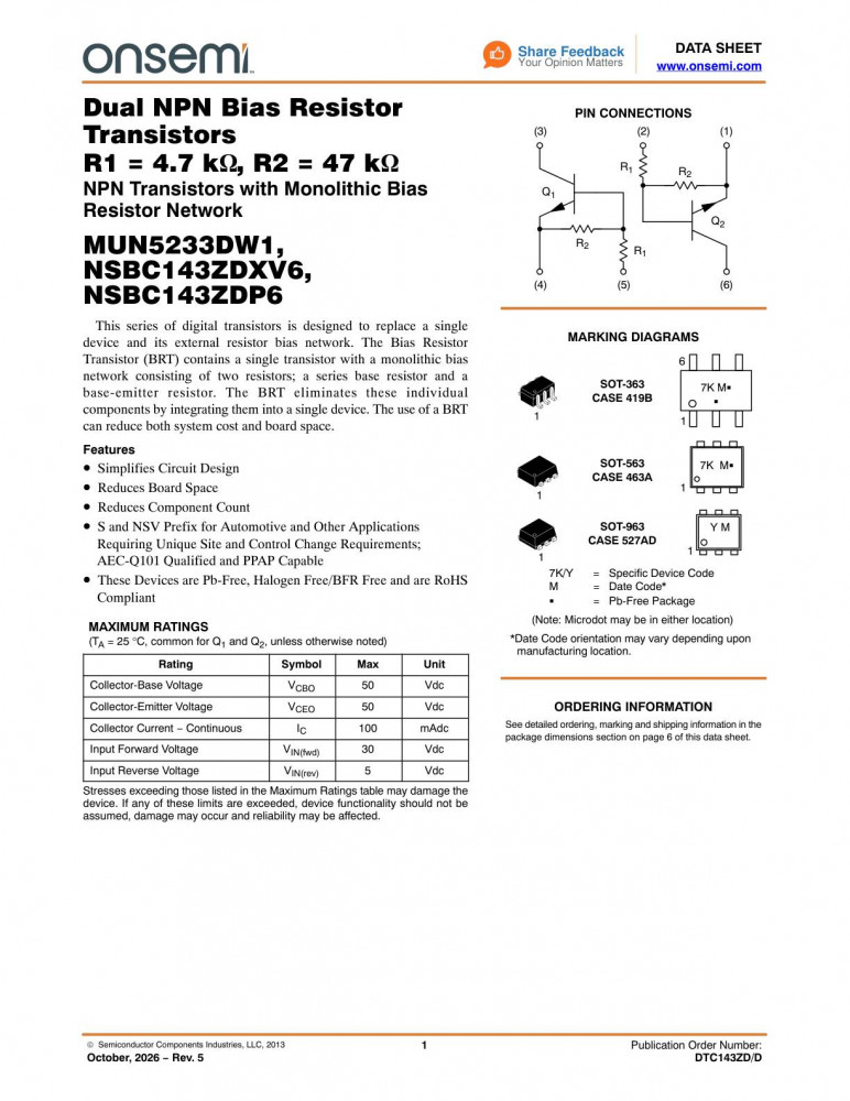 MUN5233DW1T1G datasheet page 1