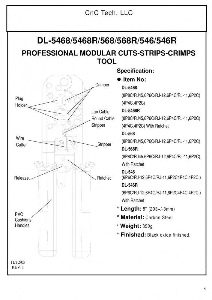 CNC Tech DL-5468 family modular crimping tool specification sheet, including DL-5468R