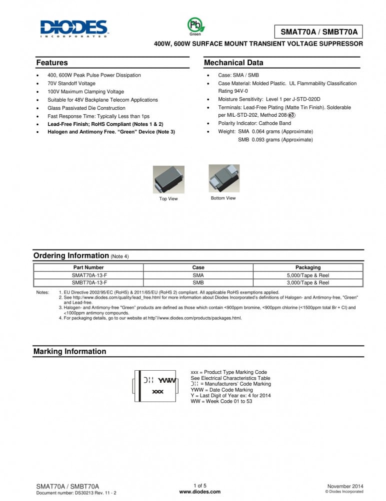 SMAT70A-13-F datasheet page 1