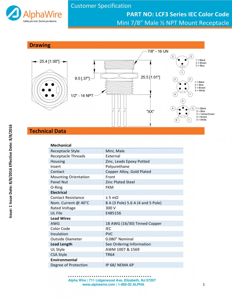 Alpha Wire 323LCF NC405 technical drawing page 1