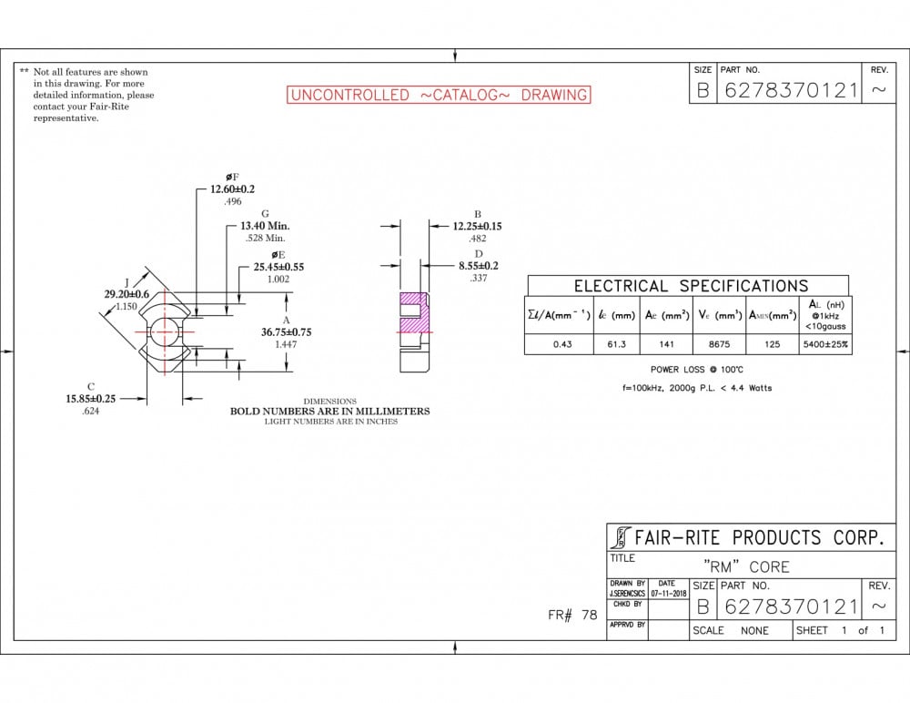 Fair-Rite 6278370121 technical document page