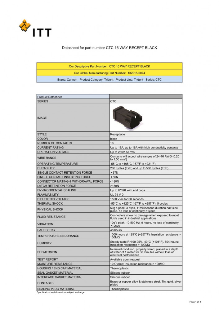 ITT CANNON Trident CTC series technical document preview