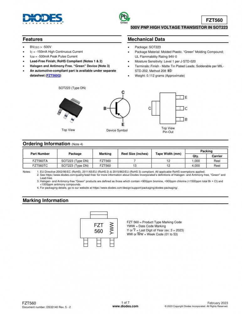 FZT560TA datasheet page 1