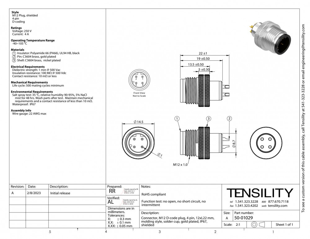 Tensility International 50-01029 M12 D-code plug product drawing