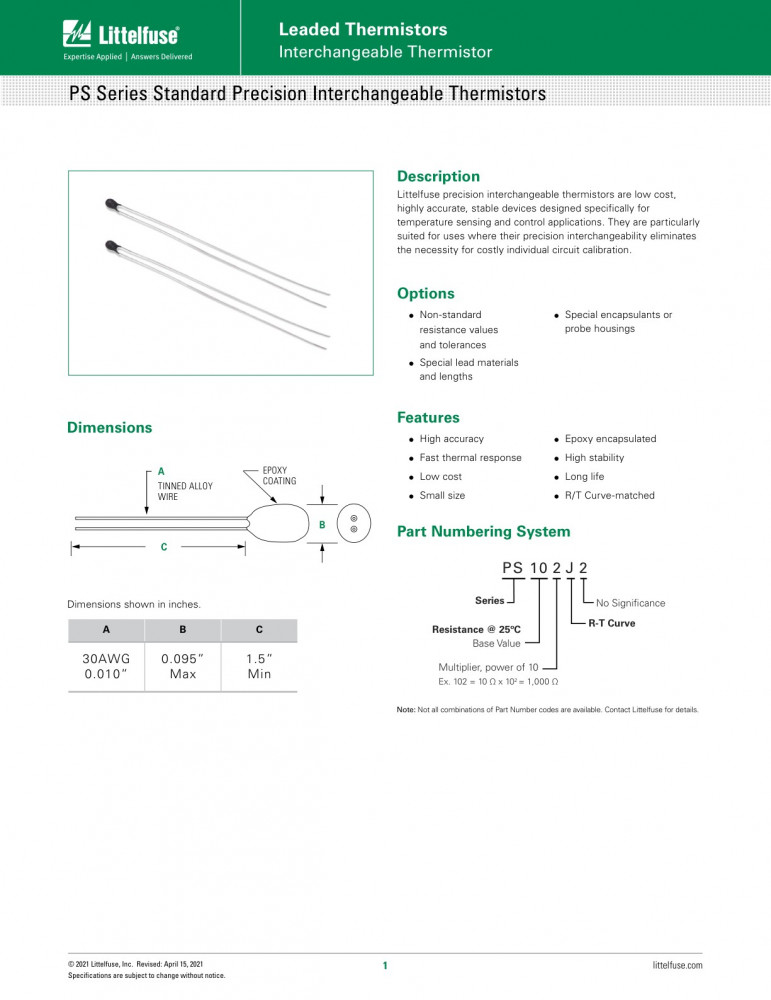 Littelfuse PS Series thermistor product information page