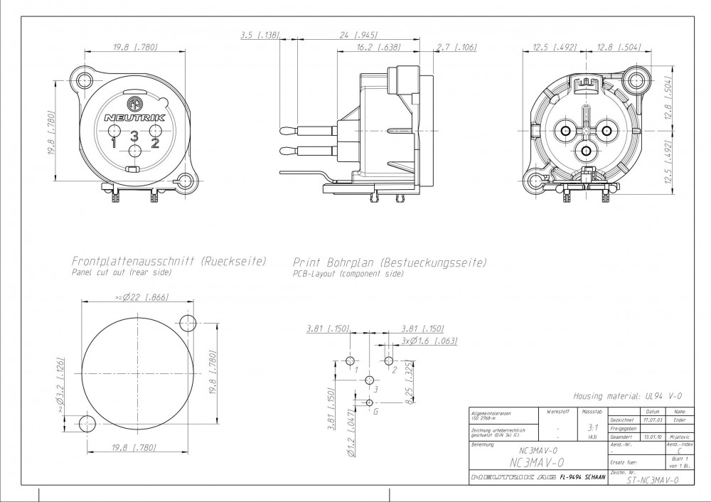 Neutrik NC3MAV-0 technical drawing
