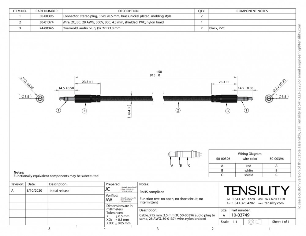 Tensility International 10-03749 cable assembly drawing