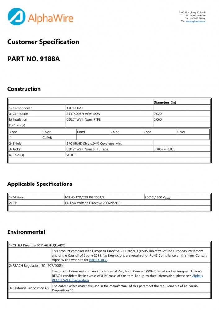 Alpha Wire 9188A WH002 technical document page 1