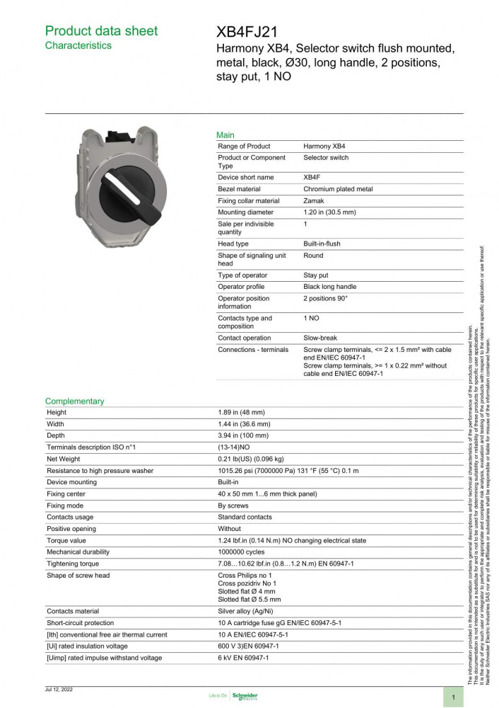 XB4FJ21 technical document page 1
