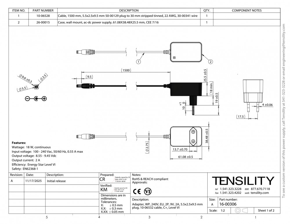 Tensility 16-00306 product drawing, page 1