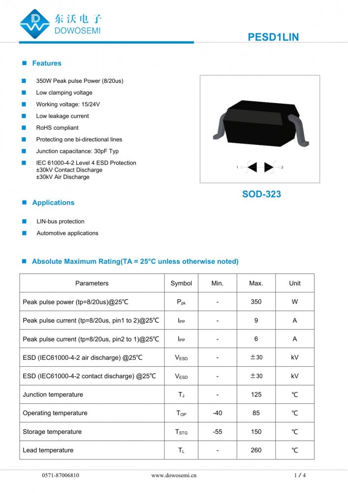 PESD1LIN datasheet page 1