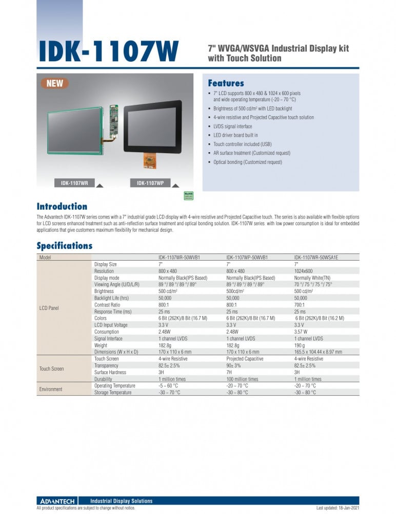 ADVANTECH IDK-1107W technical document page 1