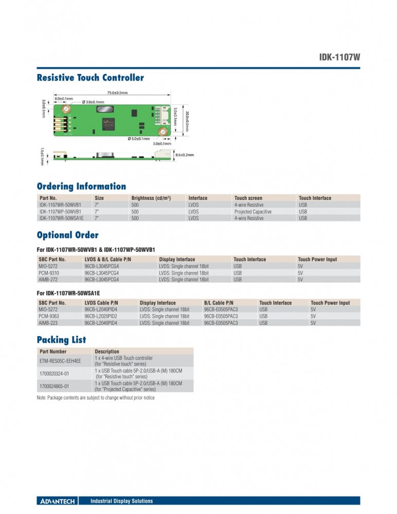 ADVANTECH IDK-1107W technical document page 3