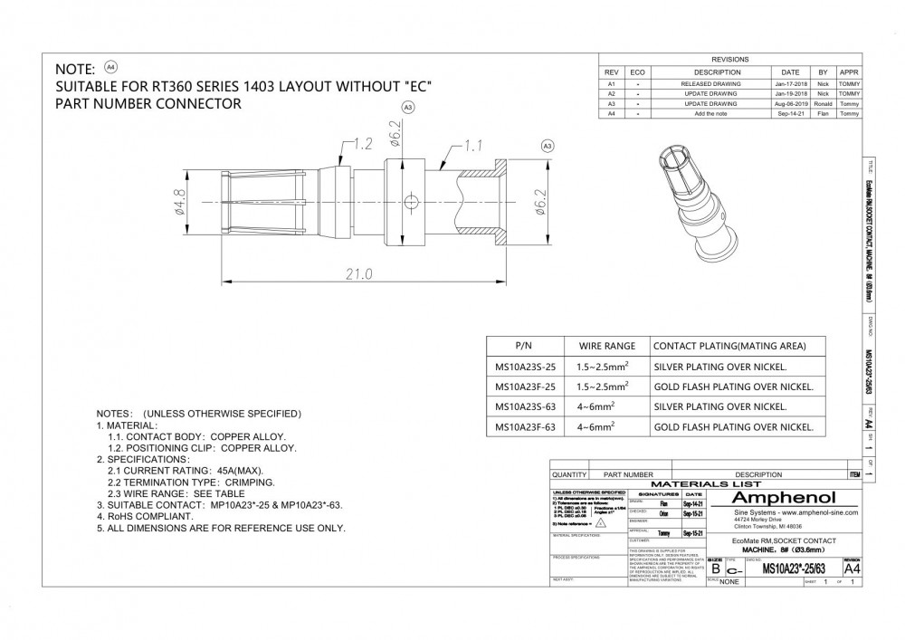 Amphenol MS10A23S-63 technical drawing