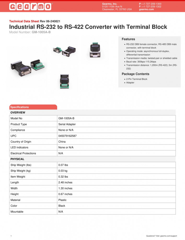 GM-1005A-B technical data sheet image 1