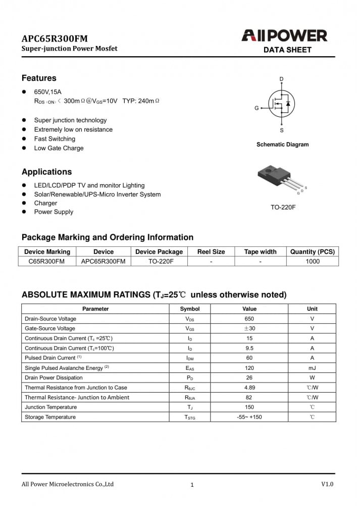 APC65R300FM datasheet page 1