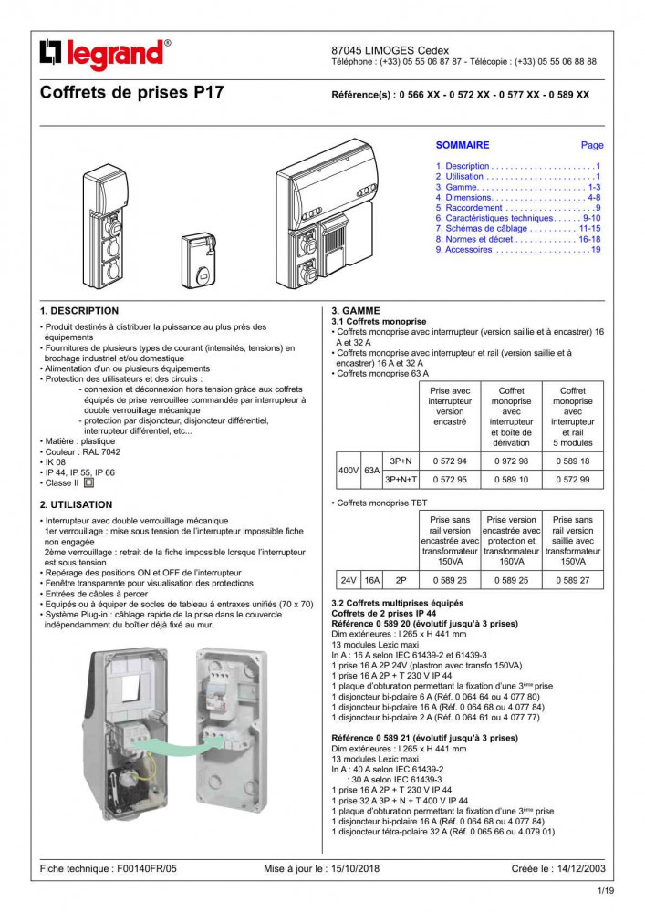 Legrand P17 socket enclosure technical document page 1