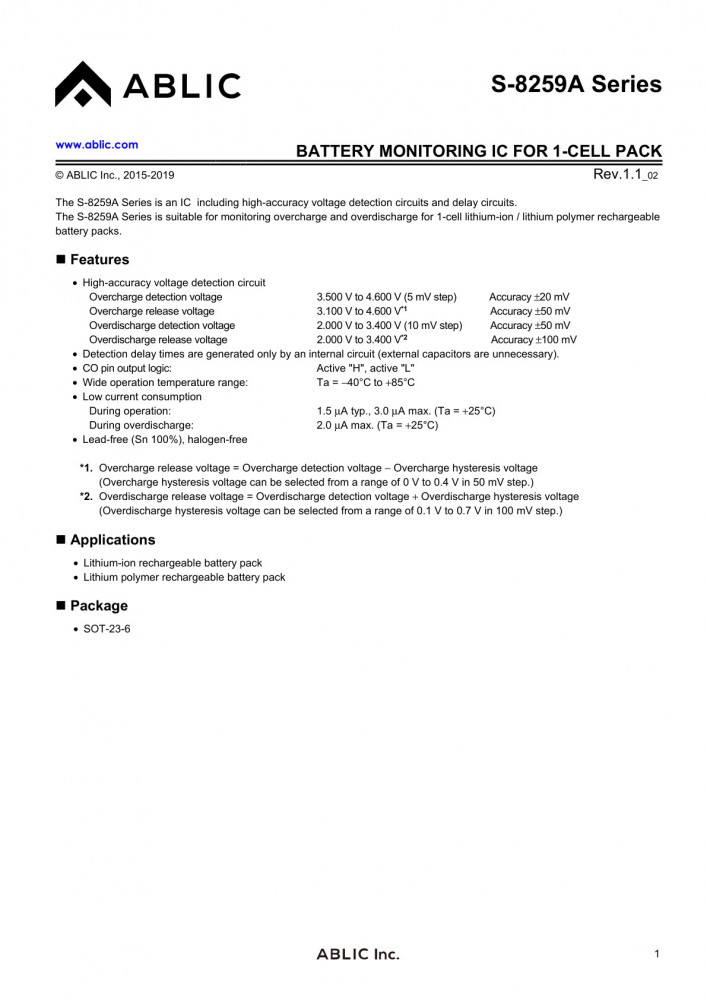 S-8259A Series datasheet page 1