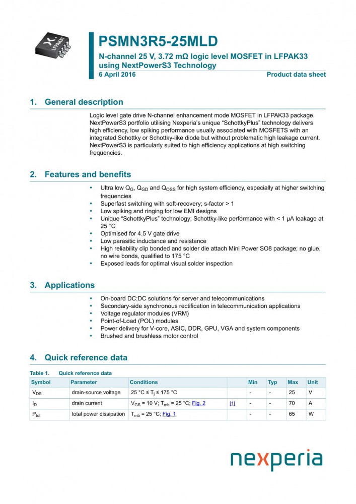 PSMN3R5-25MLD datasheet page 1