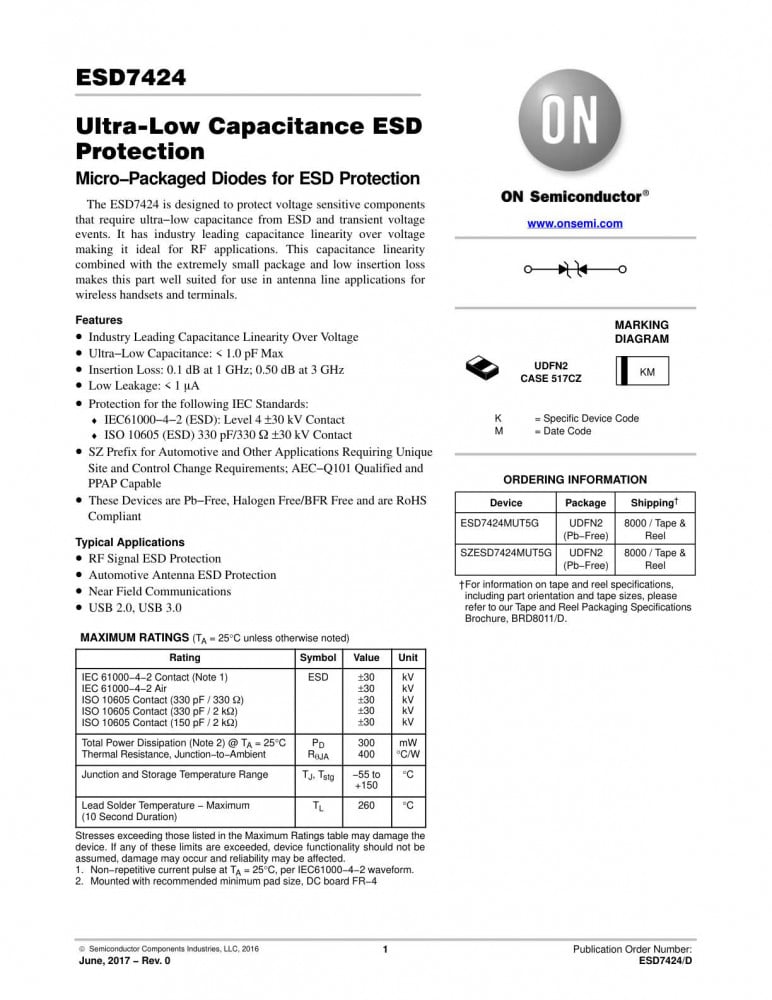 ESD7424MUT5G datasheet page 1