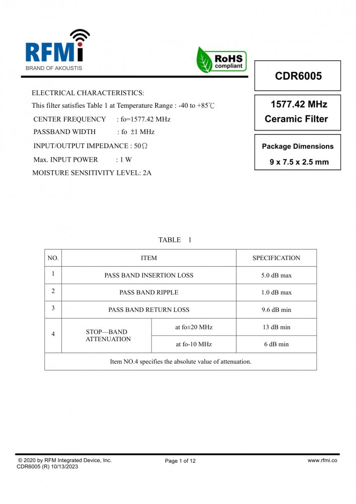 CDR6005 specification page 1