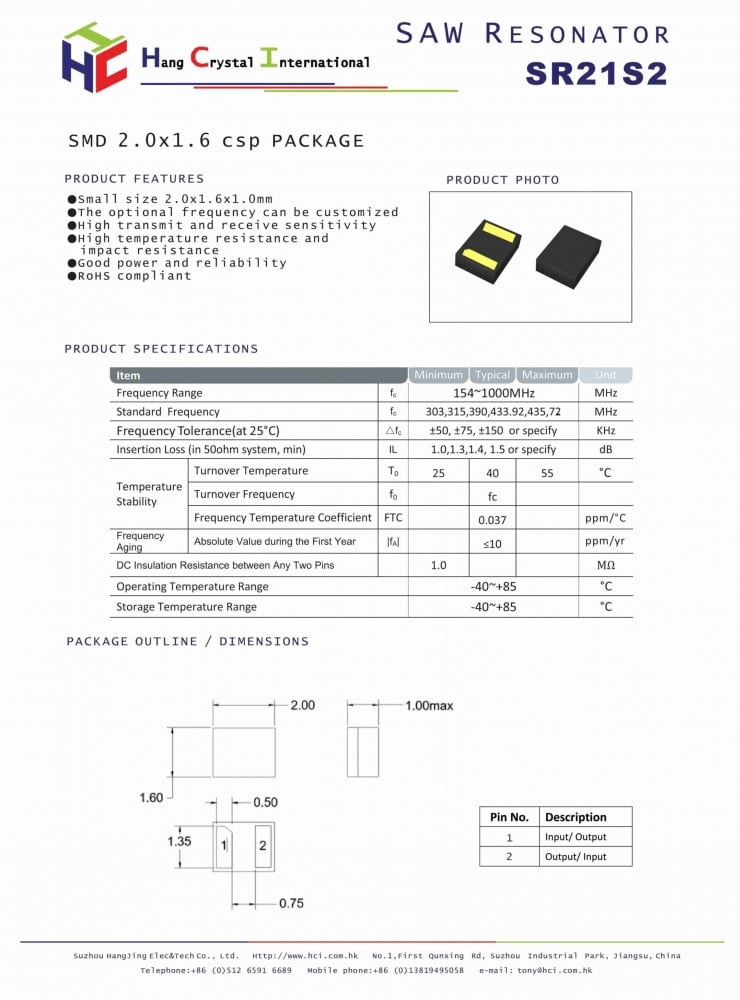 HCI SR21S2-433.920-F75IL1.5AL technical document preview