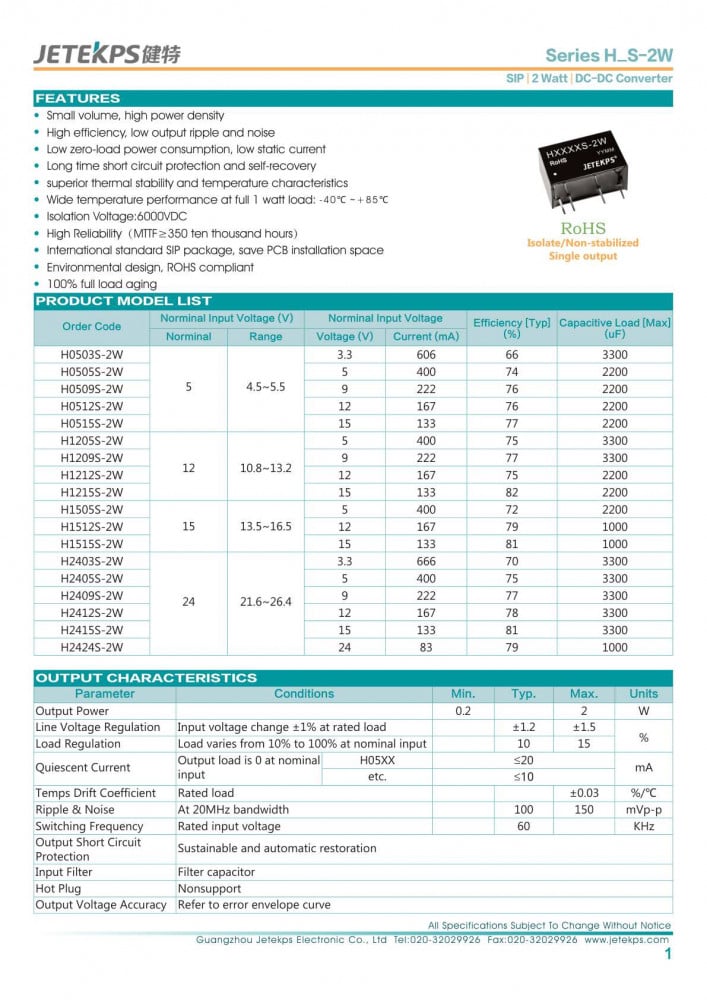 JETEKPS H2415S-2W datasheet page 1