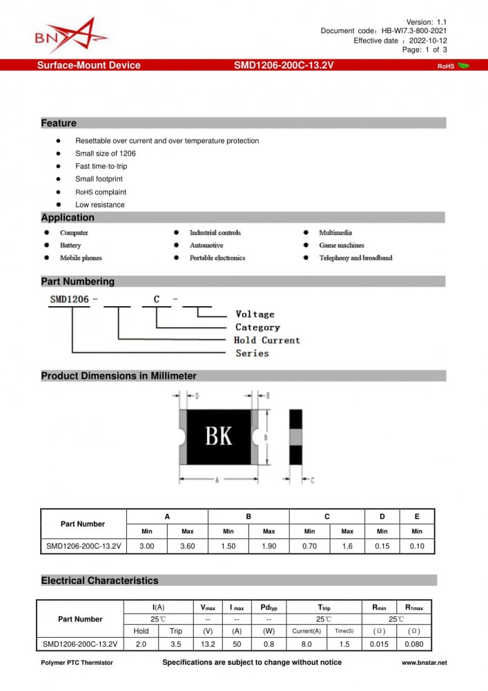 BNstar SMD1206-200C-13.2V datasheet page 1