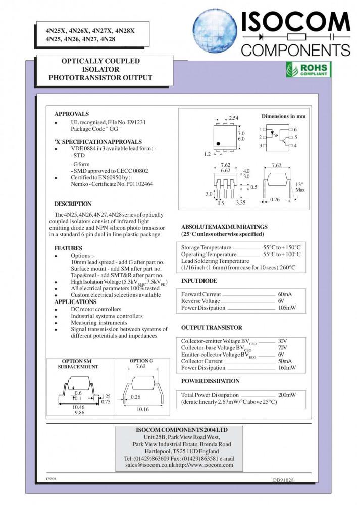 ISOCOM 4N25 series datasheet page 1